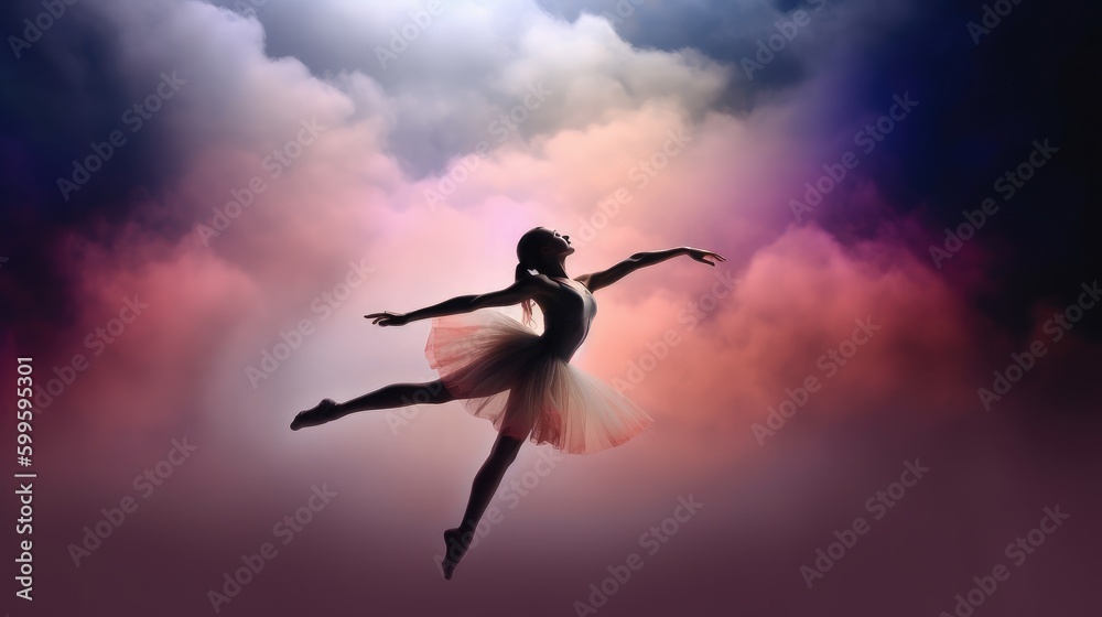 Female ballet dancer silhouette on dreamlike multicolored clouds ...