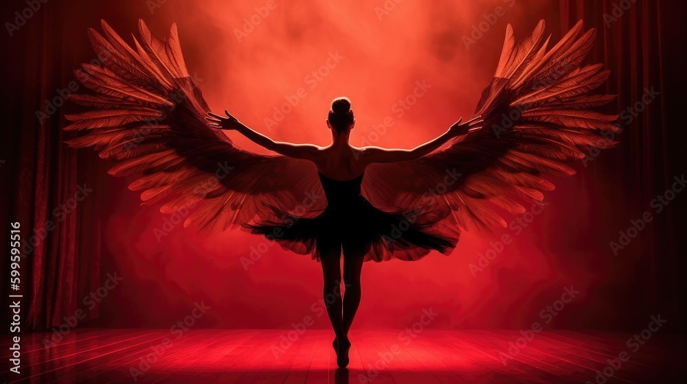 Female ballet dancer with black swan wings in black feathers tutu dress ...