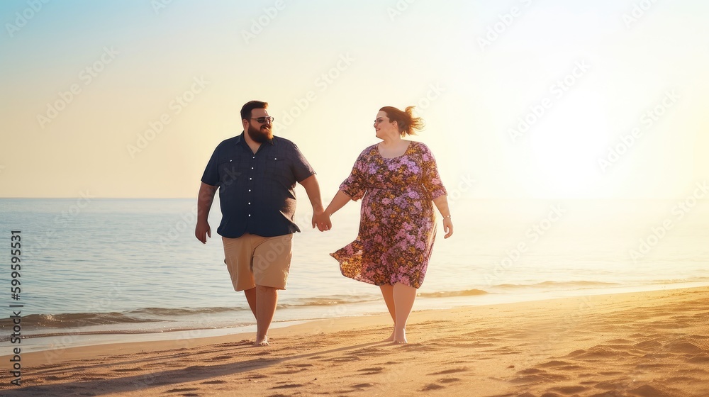 Happy couple with obesity walks along seacoast at sandy beach ...