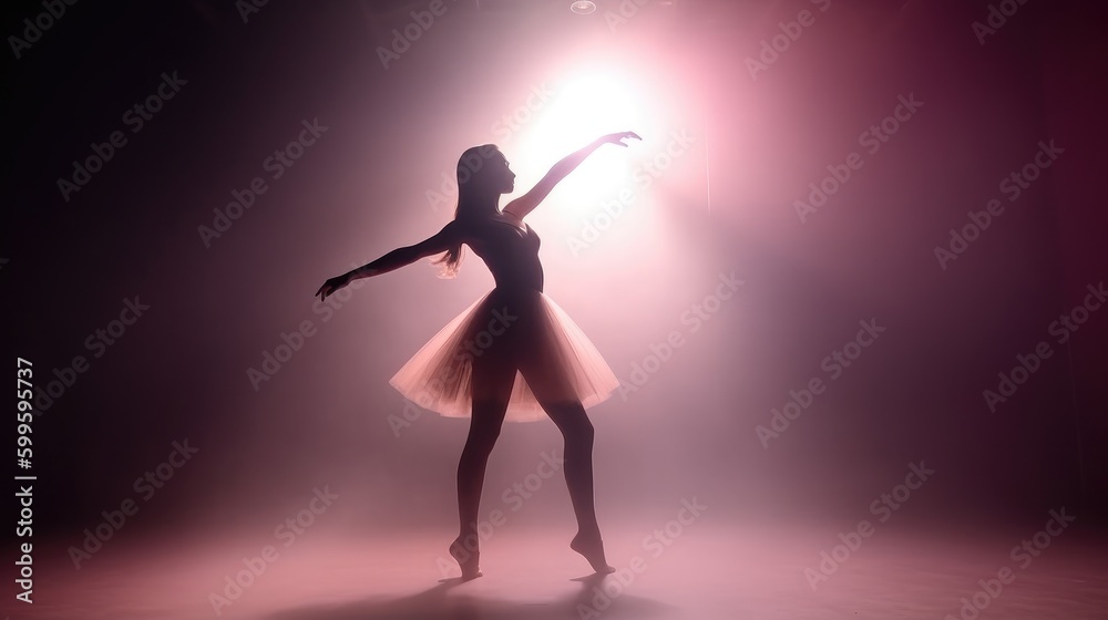 Female ballet dancer silhouette in multicolored haze spotlight beam ...