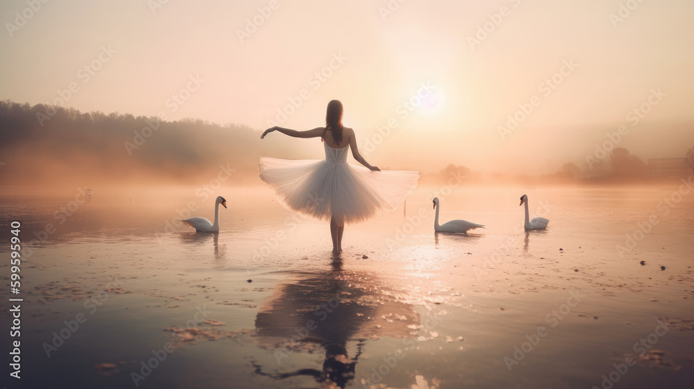 Female ballet dancer on swan lake in golden hour haze, prima ballerina ...