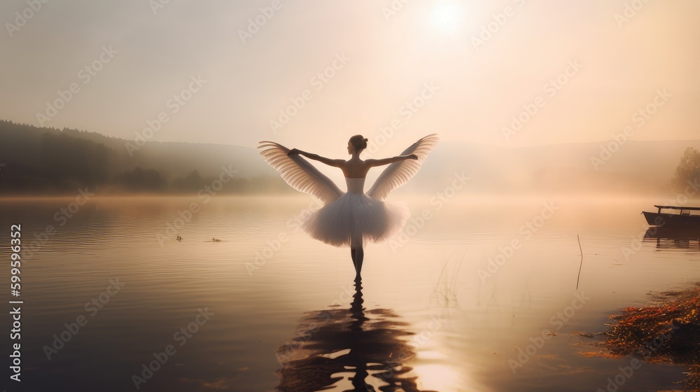 Female ballet dancer with swan wings dancing on swan lake in sunrise ...