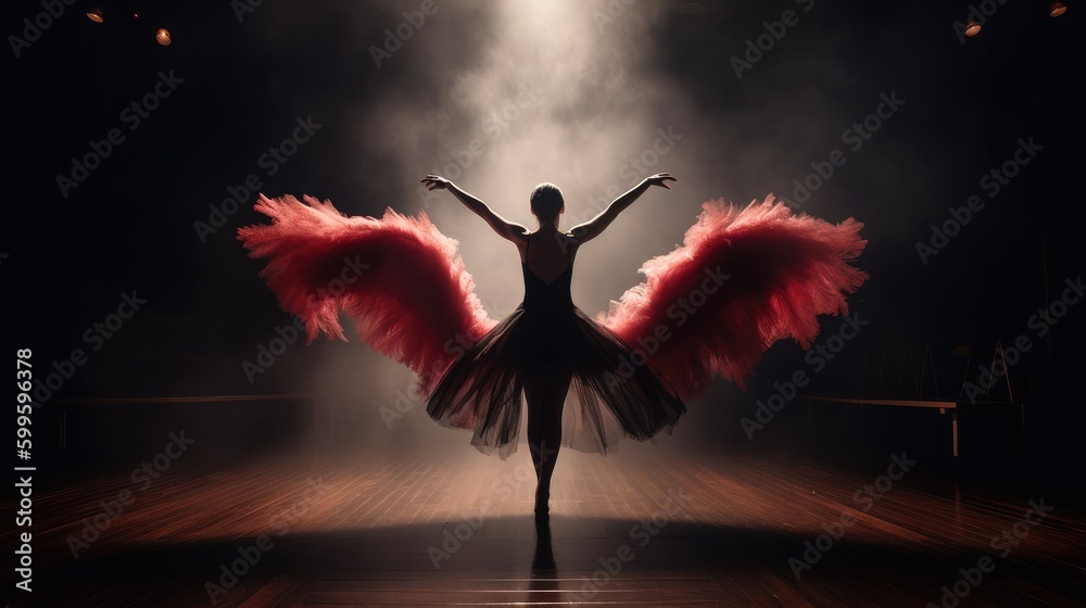 Female ballet dancer with black swan wings in black feathers tutu dress ...