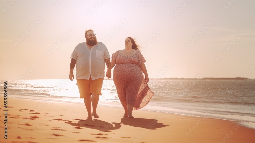 Happy couple with obesity walks along seacoast at sandy beach ...