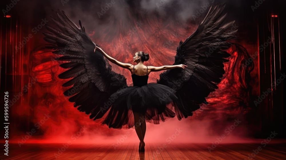 Female ballet dancer with black swan wings in black feathers tutu dress ...