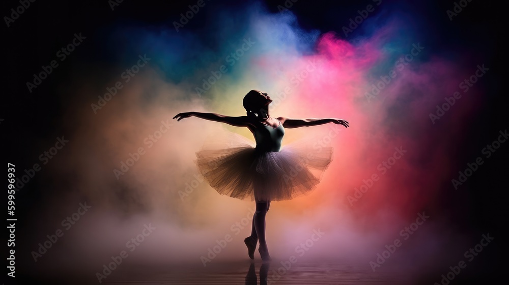 Female ballet dancer silhouette on dreamlike multicolored clouds ...