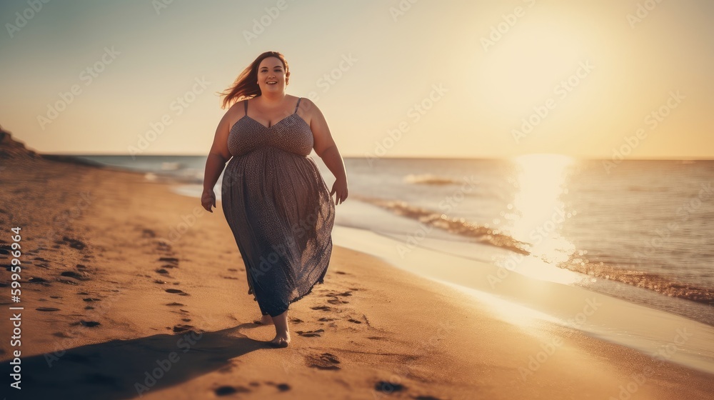 Happy woman with obesity walks along seacoast at sandy beach, beautiful ...