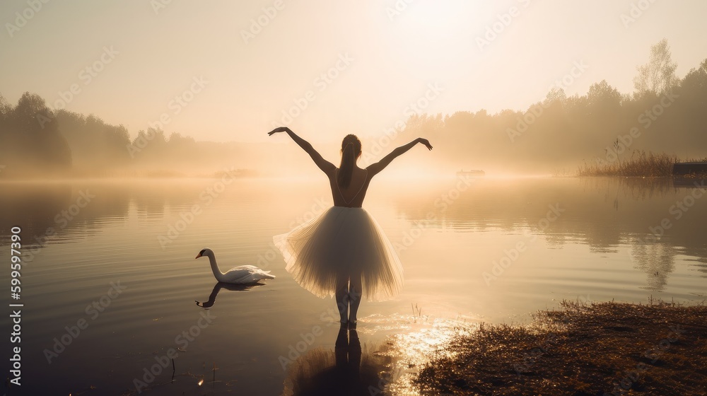 Female ballet dancer on swan lake in golden hour haze, prima ballerina ...
