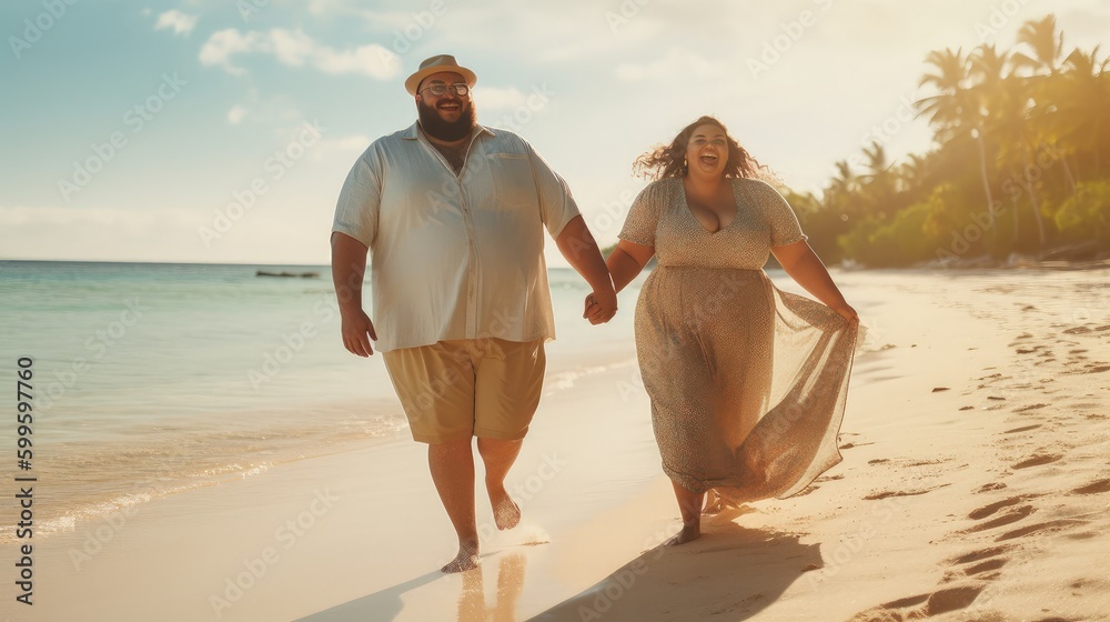 Happy couple with obesity walks along seacoast at sandy beach ...