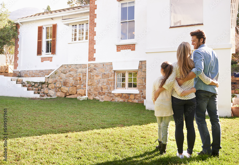 New house, love or happy family hug for real estate, property or dream ...