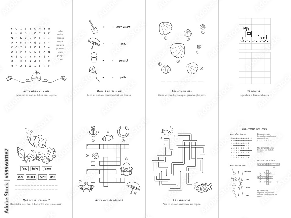 Set of seven games on the theme of the sea. Game and coloring page for ...