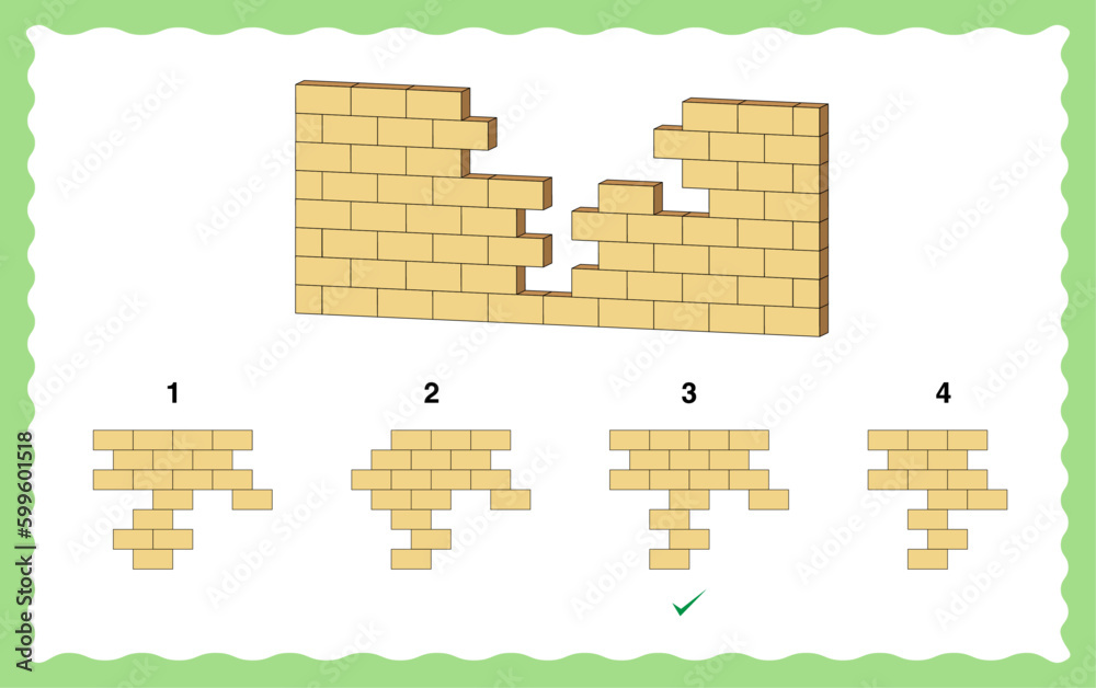 IQ test question with one main object a 3D wall with missing bricks and ...