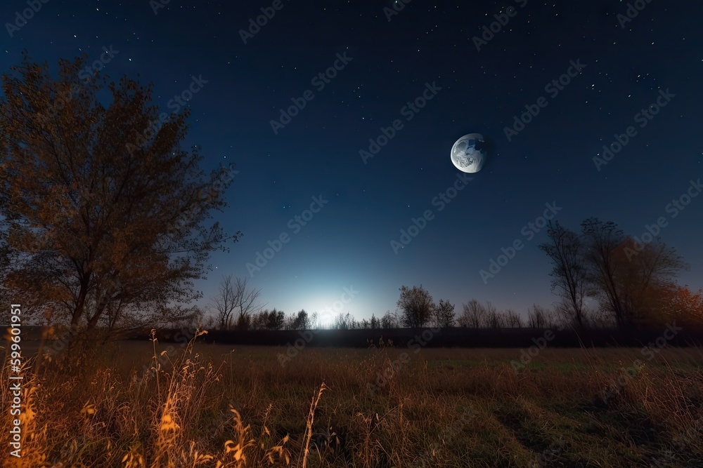 clear night sky, with bright harvest moon and twinkling stars, created ...