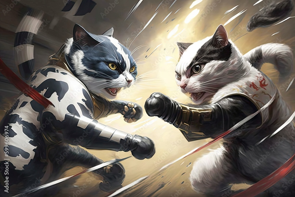 Furious fluffy cats in fighting in the boxing stadium, theme of vintage ...