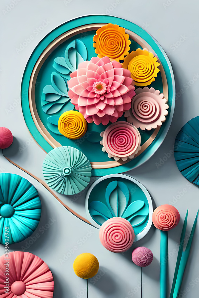 pastel color, 3d mural illustration wallpaper with flowers and circles ...