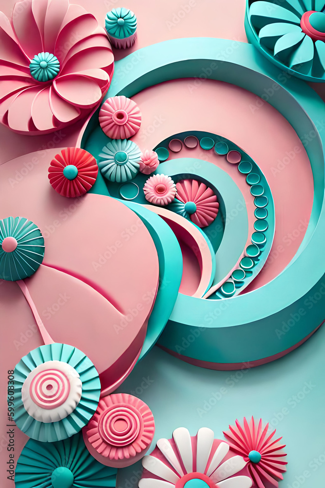pastel color, 3d mural illustration wallpaper with flowers and circles ...