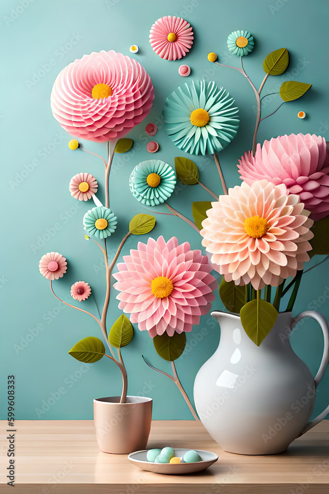 pastel color, 3d mural illustration wallpaper with flowers and circles ...