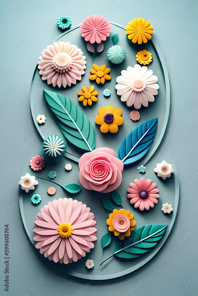 pastel color, 3d mural illustration wallpaper with flowers and circles ...