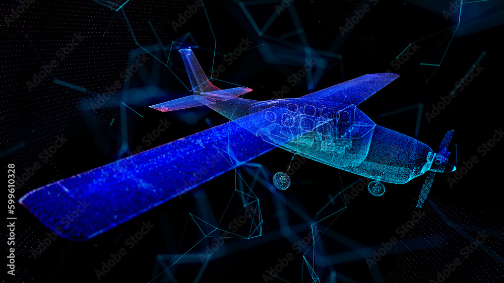 Airplane with piston engine and propeller. Light effect particles ...