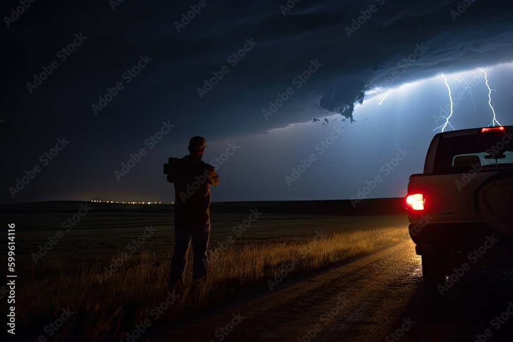storm chaser filming lightning strike on stormy night, created with ...