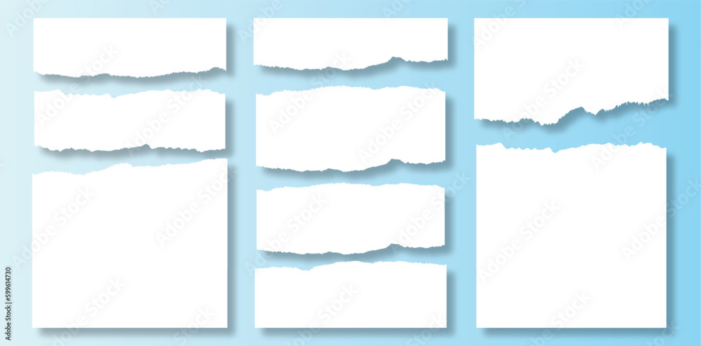 White torn paper sheets, notes with rip edges and page scrap pieces ...