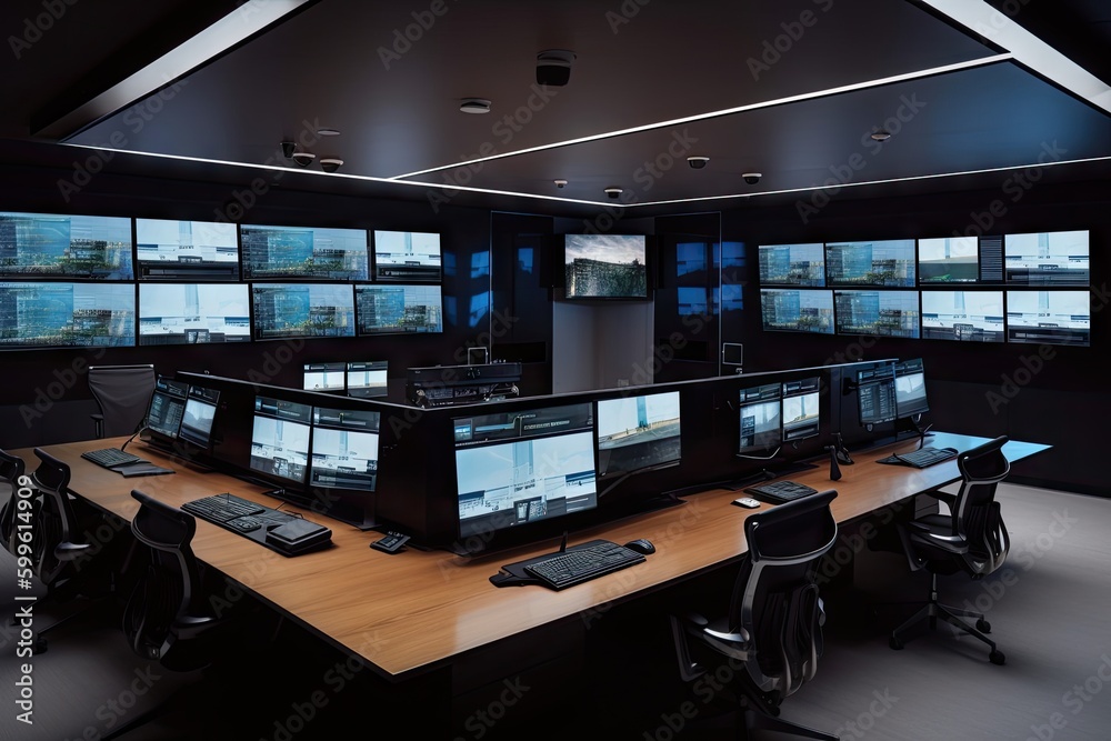 high-tech video conference set up with multiple screens for different ...