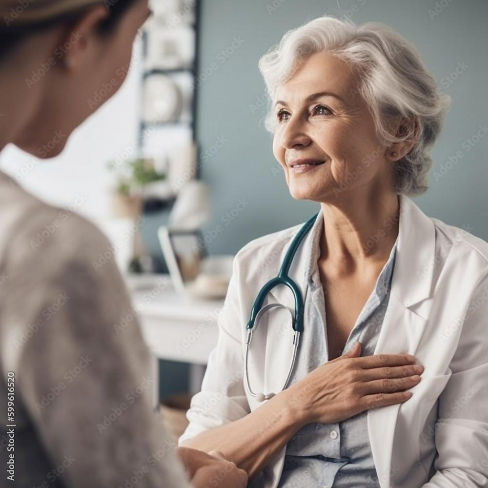 A middle-aged female doctor greets the patient with a gentle smile. She ...