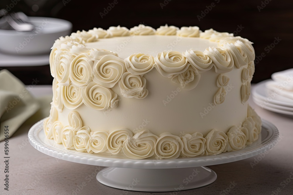 layer cake with piped borders and decorative swirls of frosting ...