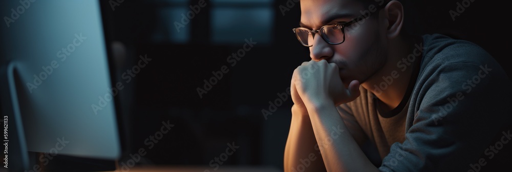 Person looking at a computer screen, with a blank document, unfinished ...