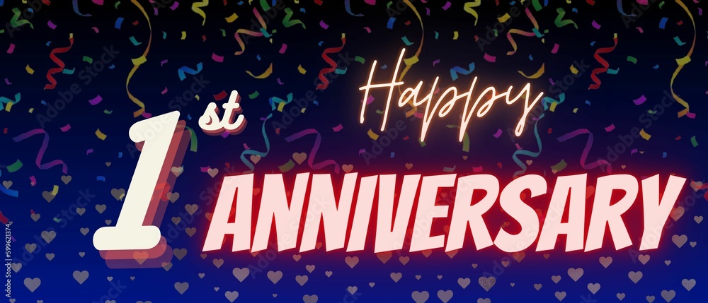 Happy 1st anniversary neon colour. Gradient background with confetti ...