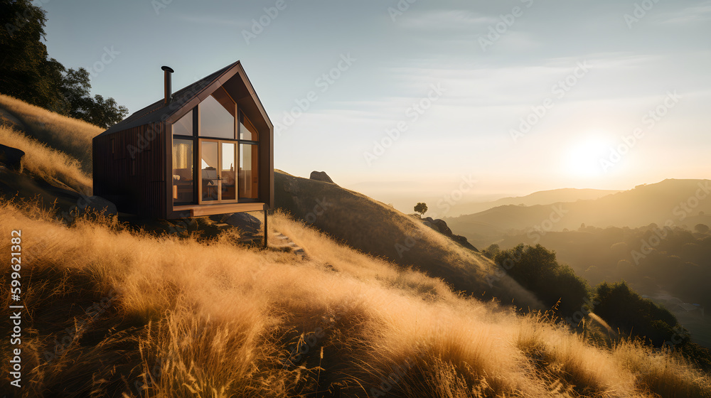 This picturesque stock photo features a tiny house built on a hillside ...