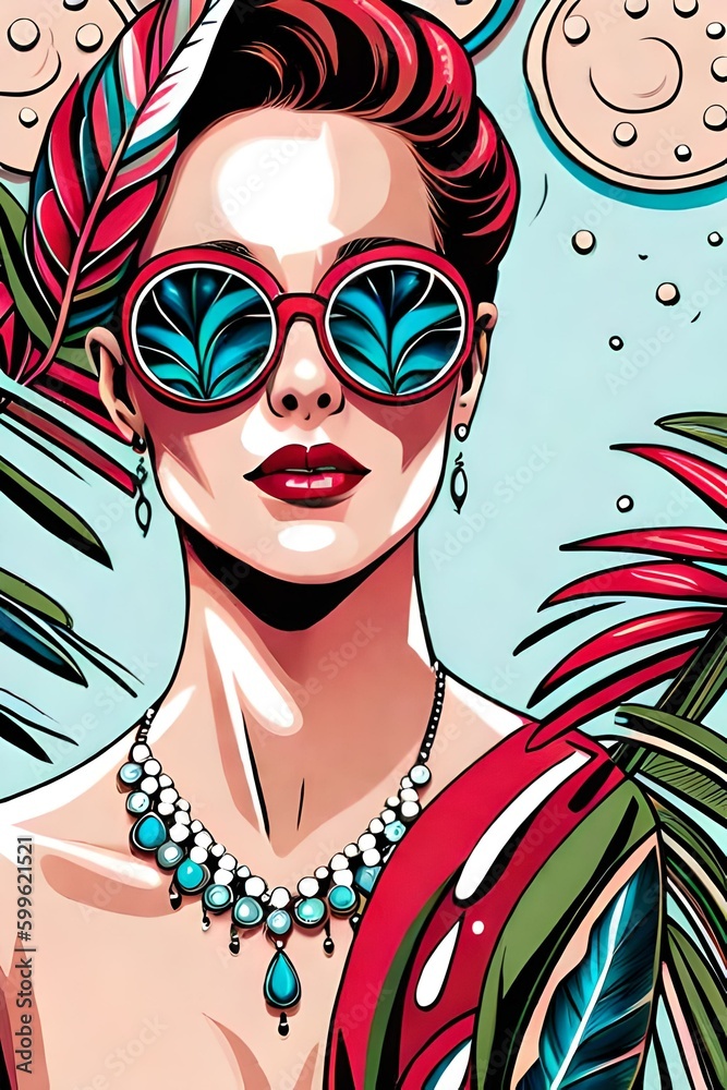 High fashion. Cartoon a glamorous woman with red lips with flower ...