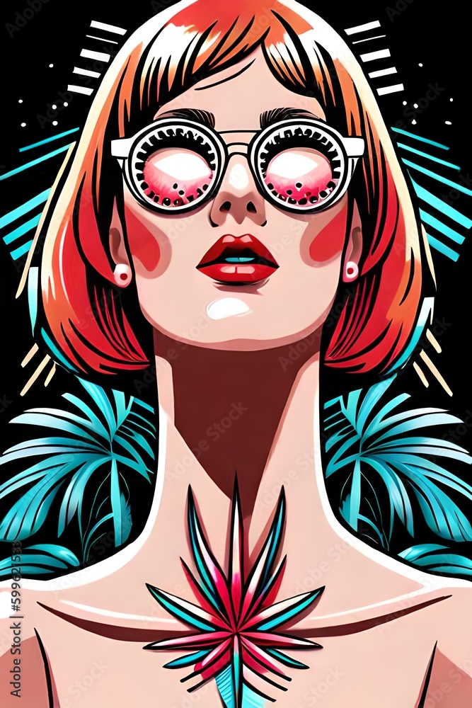 High fashion. Cartoon a glamorous woman with red lips on tropic ...