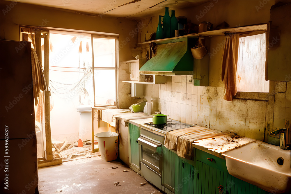 Dirty and run-down kitchen of a house in a poor neighborhood ...