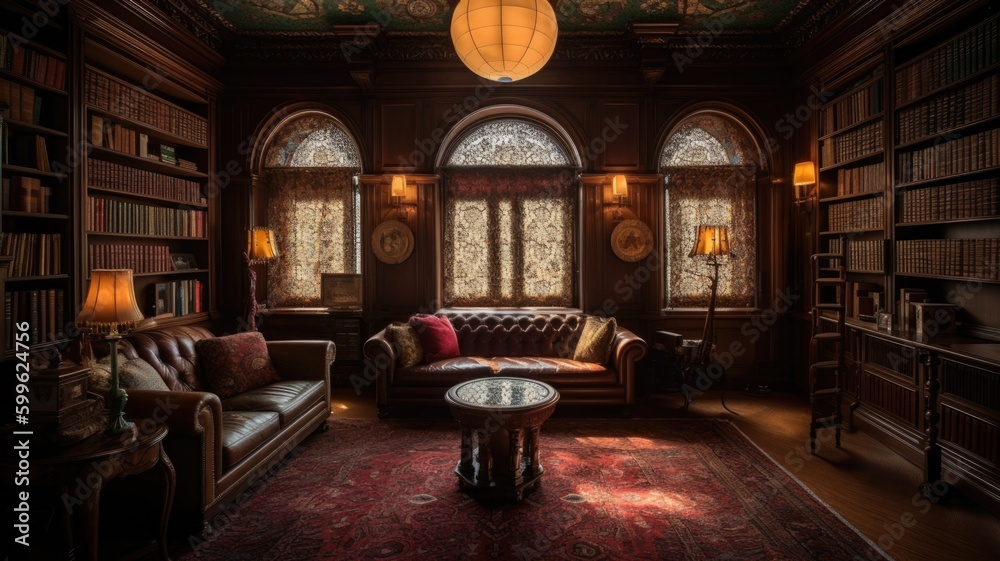 Interior design of Library in Classic style with Bookshelves decorated ...