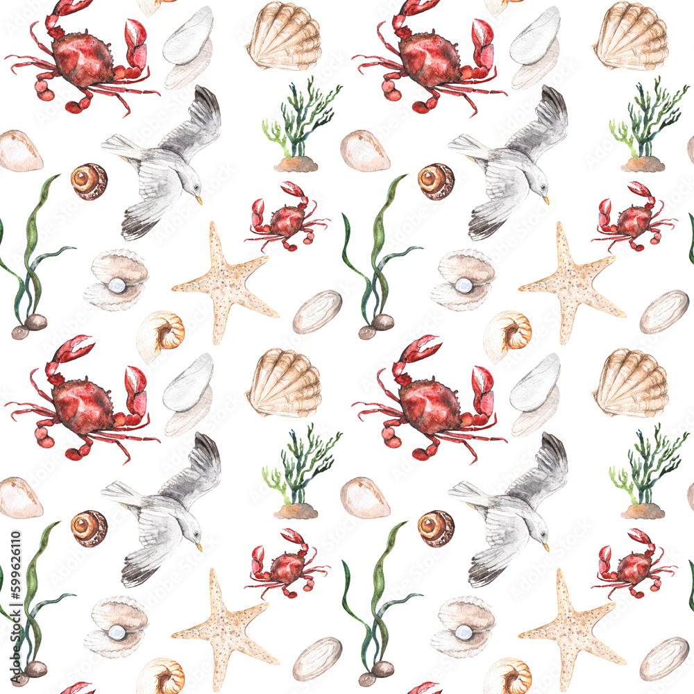 Watercolor illustration of a seamless pattern in a marine theme with ...