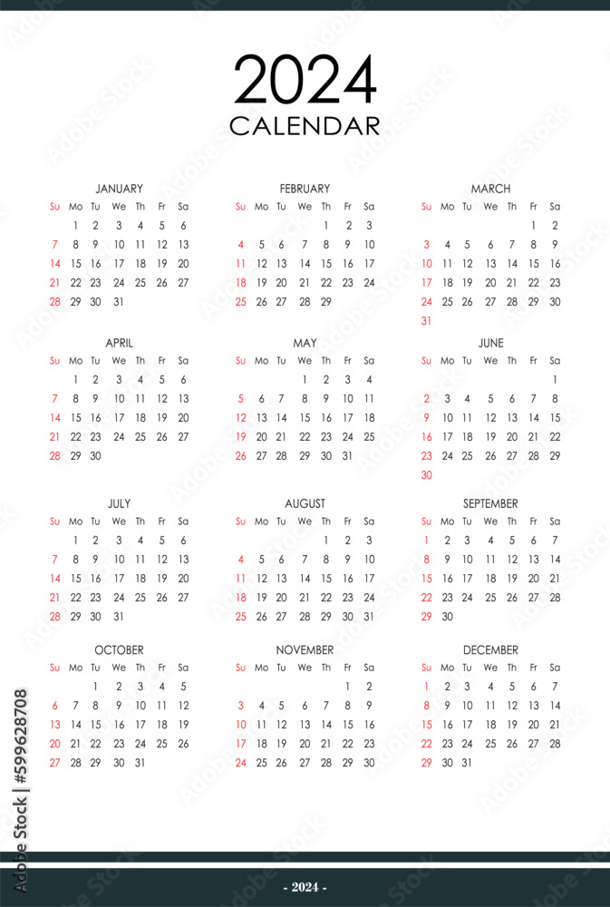 Vetor de 2024 calendar template. Yearly planner organizer for every day ...