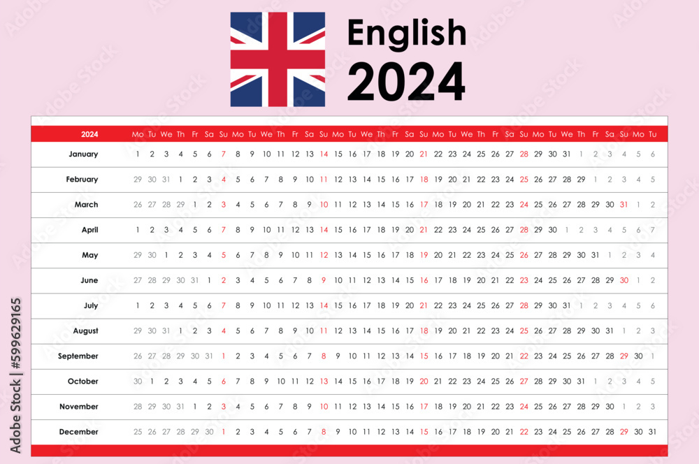 Linear calendar 2024. Horizontal grid with selected sundays. Yearly ...