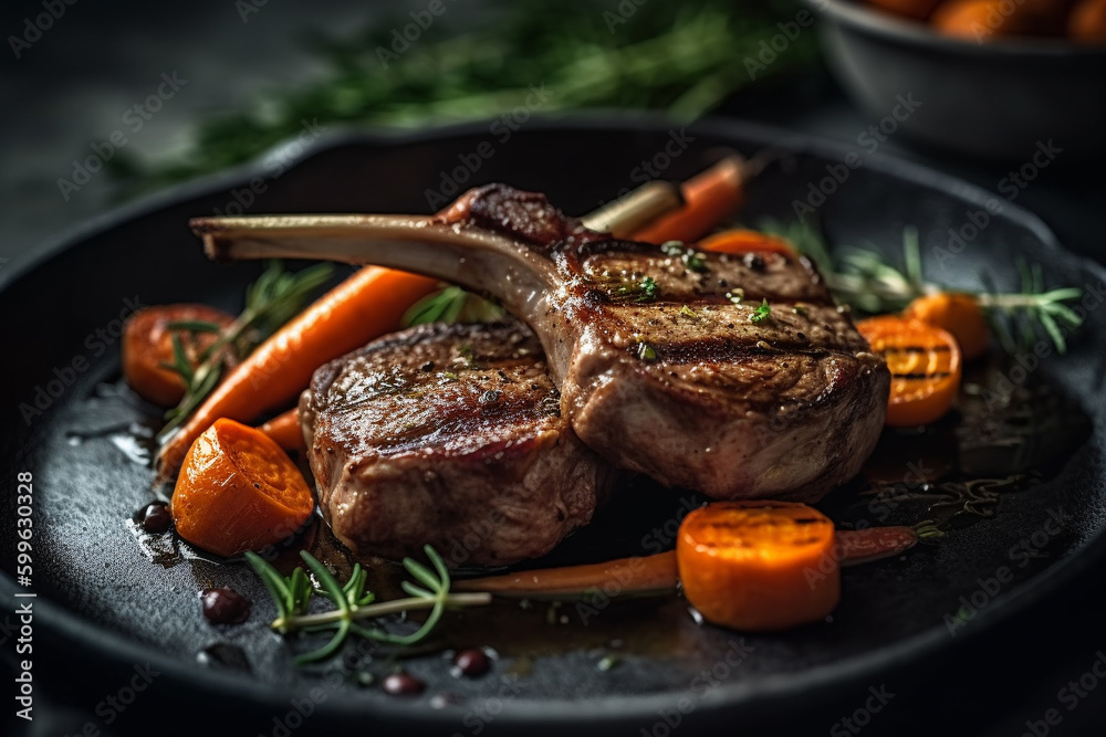 Delicious grilled lamb chops with roasted carrots on a chic marble ...