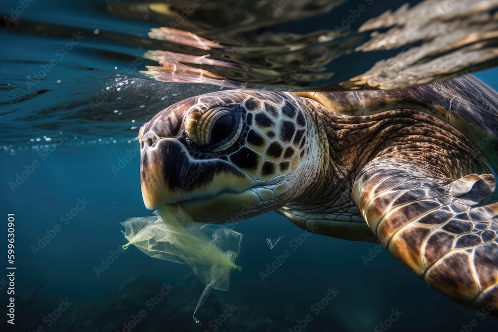 sea turtle swimming in plastic-filled ocean, its nose and mouth covered ...