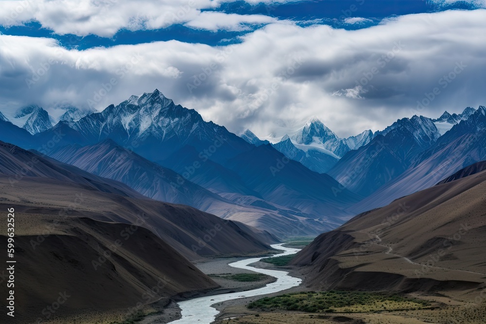 majestic mountain range, with peaks that touch the clouds and winding ...
