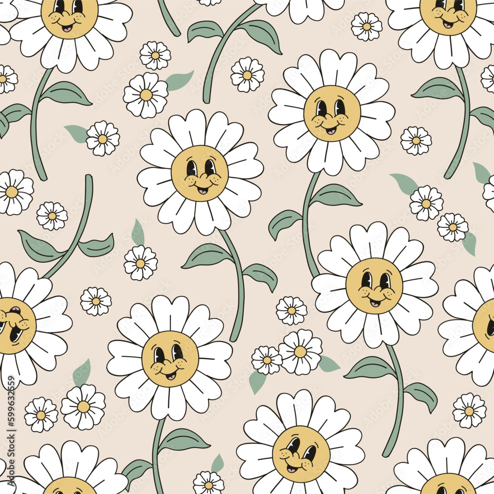 Cartoon daisy flower with face vector seamless pattern. Hippie vacation ...