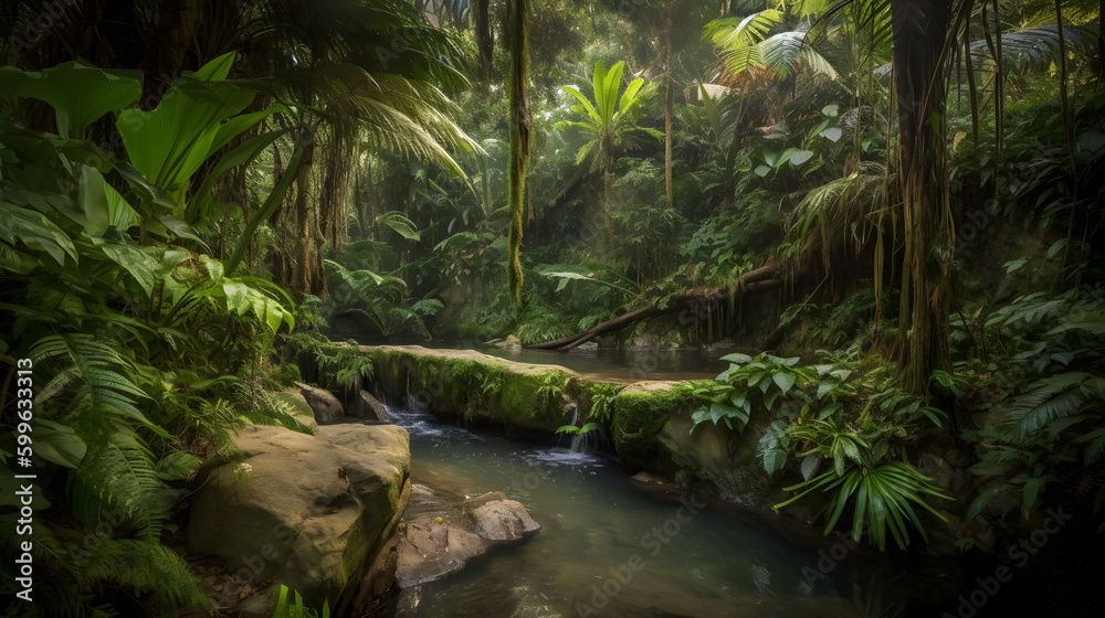 A vibrant and lush tropical rainforest with towering trees, exotic ...