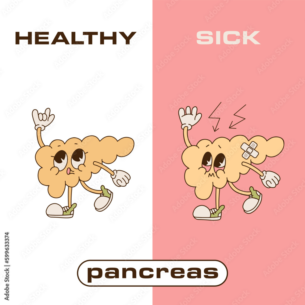 Happy and sad retro cartoon character of pancreas. 90 Drawing style of ...