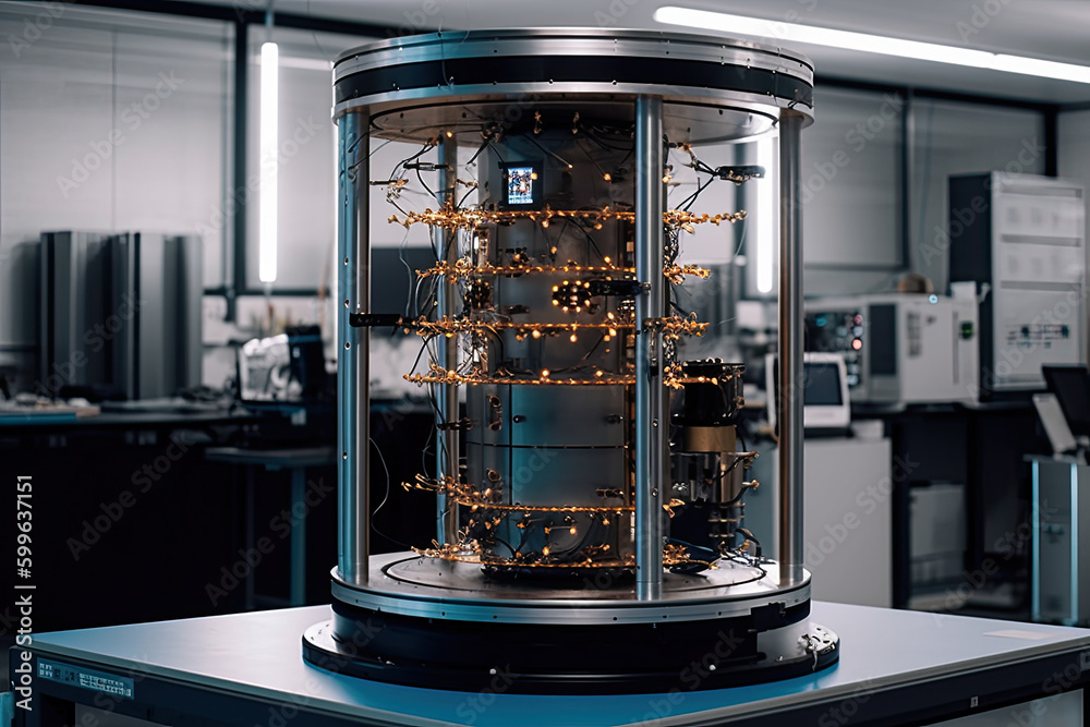 Generative AI image of a futuristic quantum computer with bright lights ...