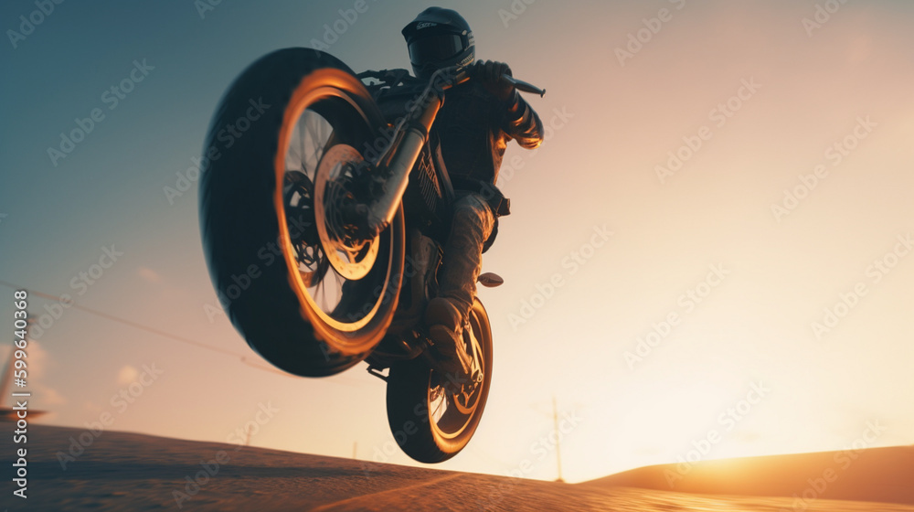 A motorcyclist doing a balancing maneuver on a wheel Generative AI ...