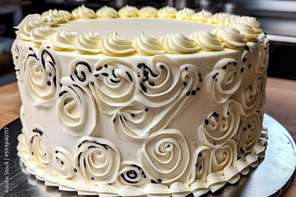 layer cake with piped borders and decorative swirls of frosting ...