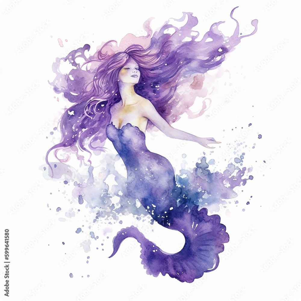 illustrazione di sirena viola clip art in stile acquerello , sfondo ...