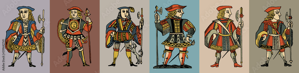 Medieval Soldier character in different poses. Vector illustration in ...