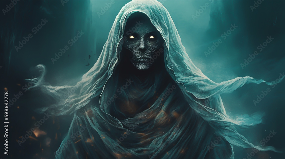 A ghost in white cloth with creepy eyes in horrible background with ...
